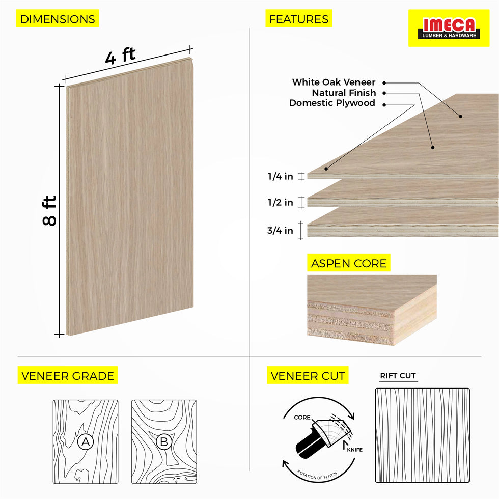 White Oak Plywood, Rift Cut Veneer 4 ft x 8 ft – Imeca.com